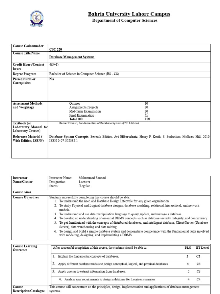 DBMS-BSCS-Course-Outlines - Fall 2025 | PDF | Databases | Sql