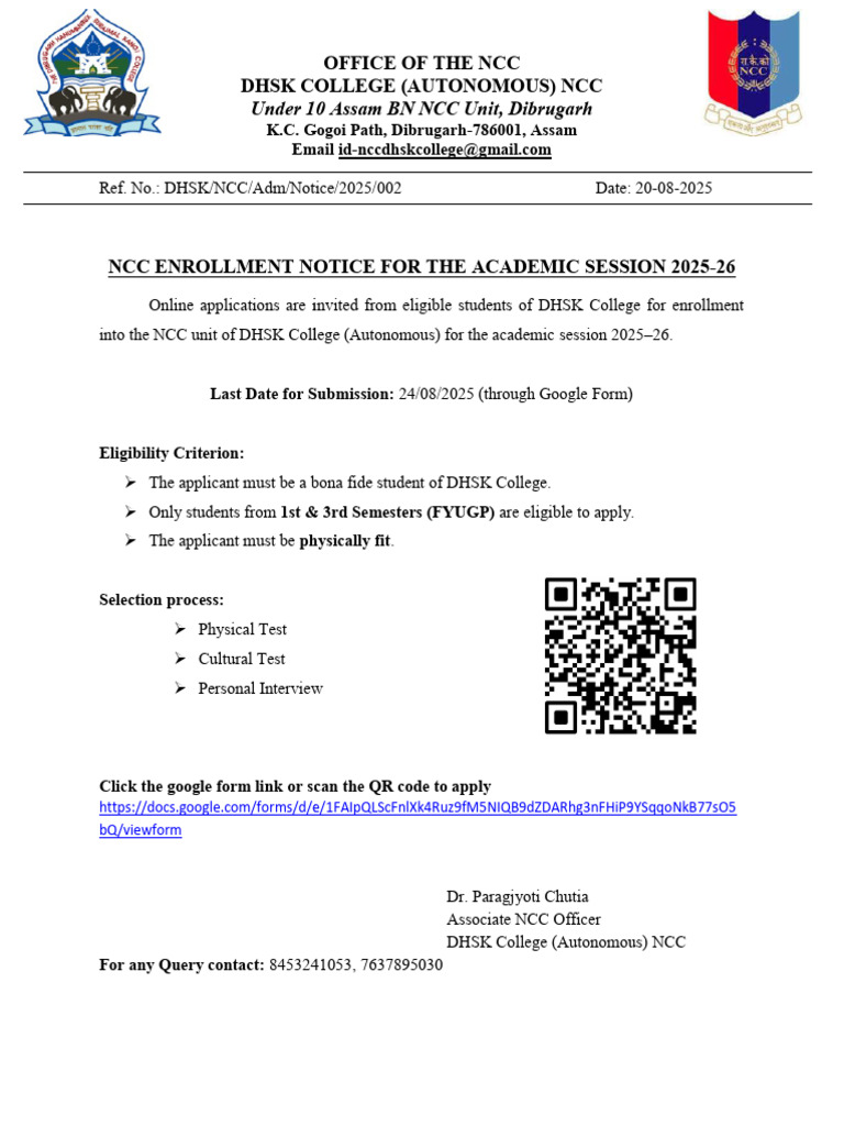 NCC Enrollment Notice for DHSK College | PDF