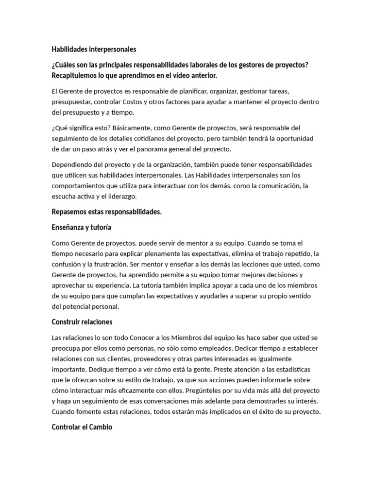 Habilidades Interpersonales Gestor Proyectos | PDF | Presupuesto | Cognición