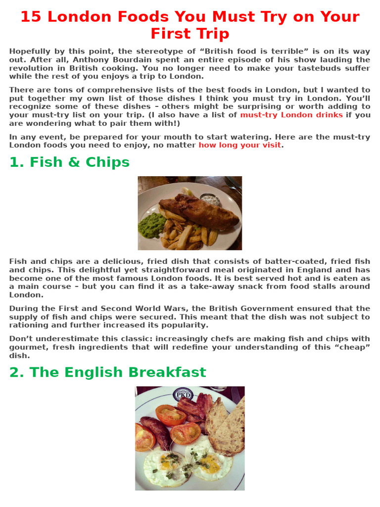 15 London Foods You Must Try On Your First Trip | PDF | Meal | Roasting