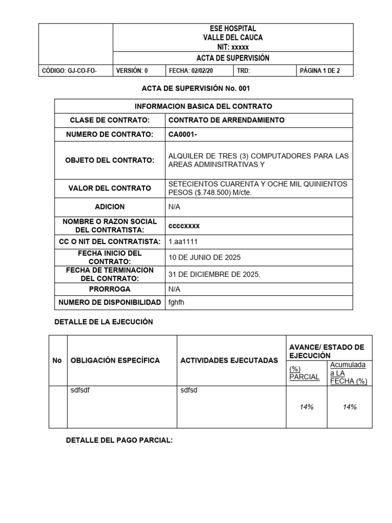 Modelo de Acta de Supervision de Contratistas 2025 | PDF