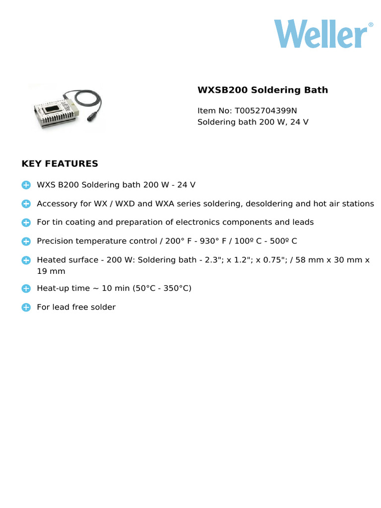 Datasheet Soldering Bath 200 W 24 V T0052704399N | PDF
