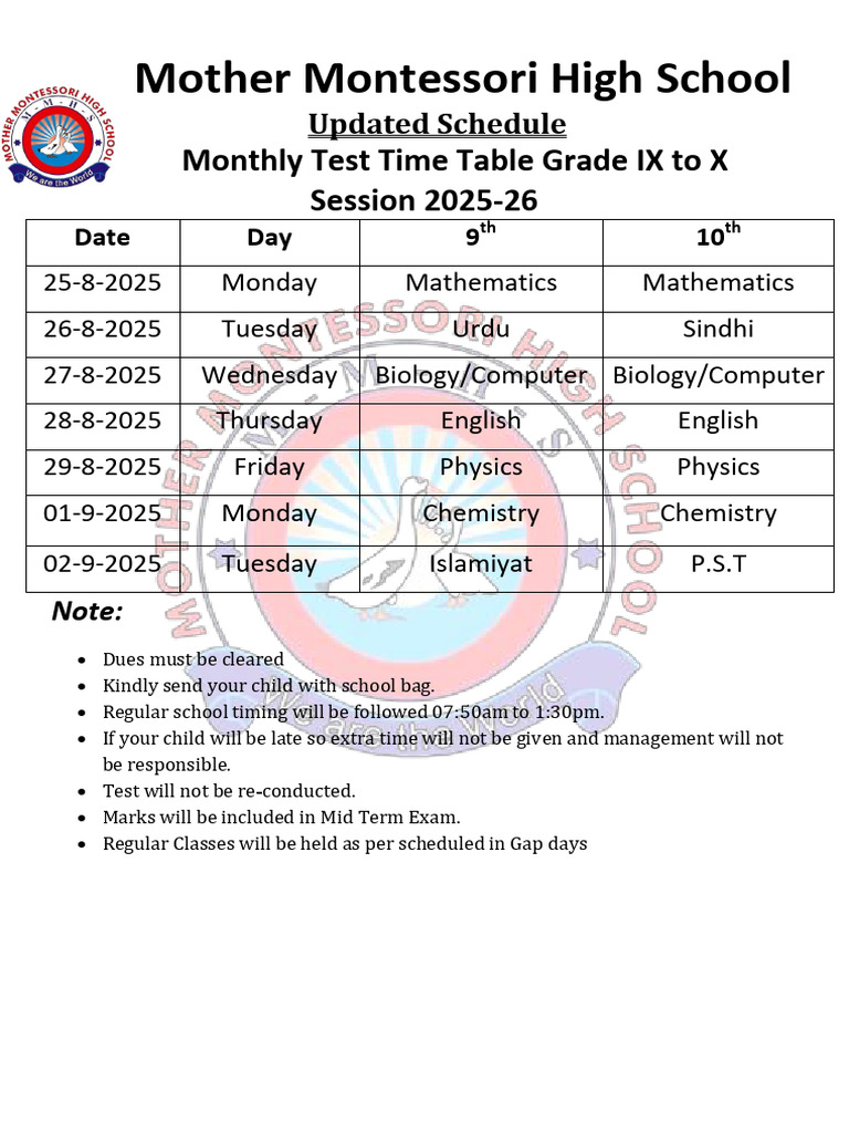 Monthly Test Time Table Grade IX To X | PDF