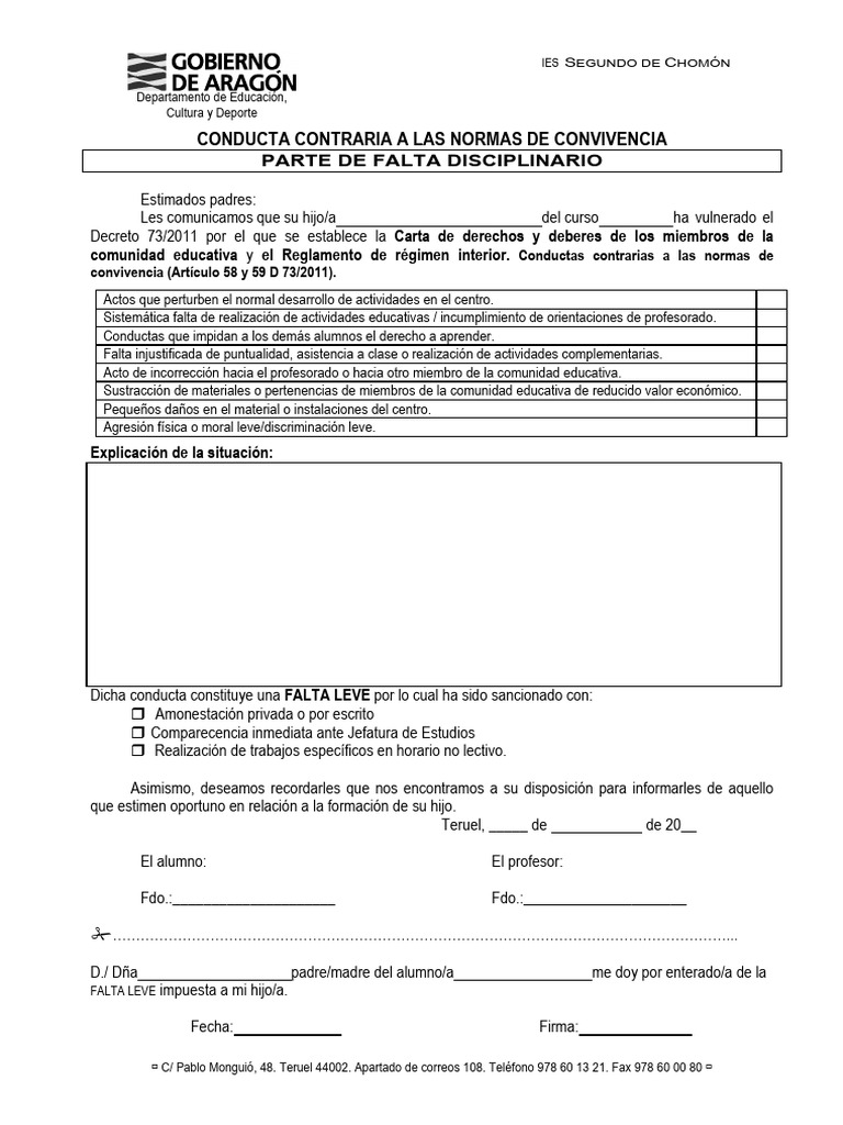 Parte Conducta Contraria Normas de Convivencia | PDF