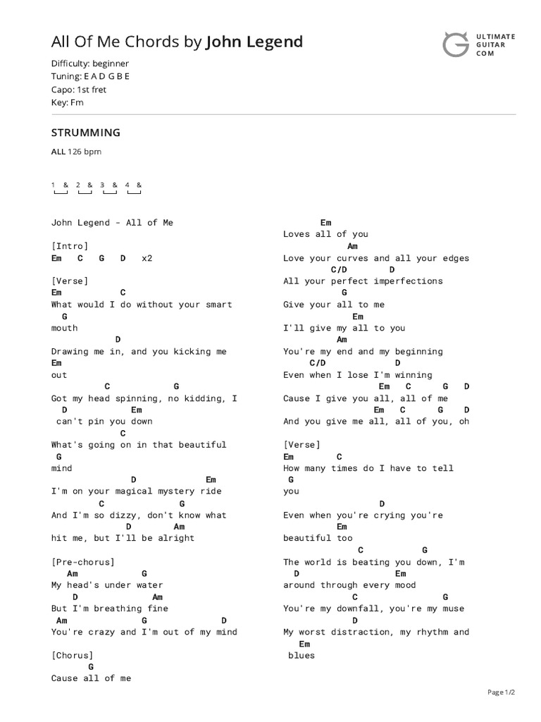 All of Me Guitar Chords and Tabs | PDF | Guitars | Elements Of Music