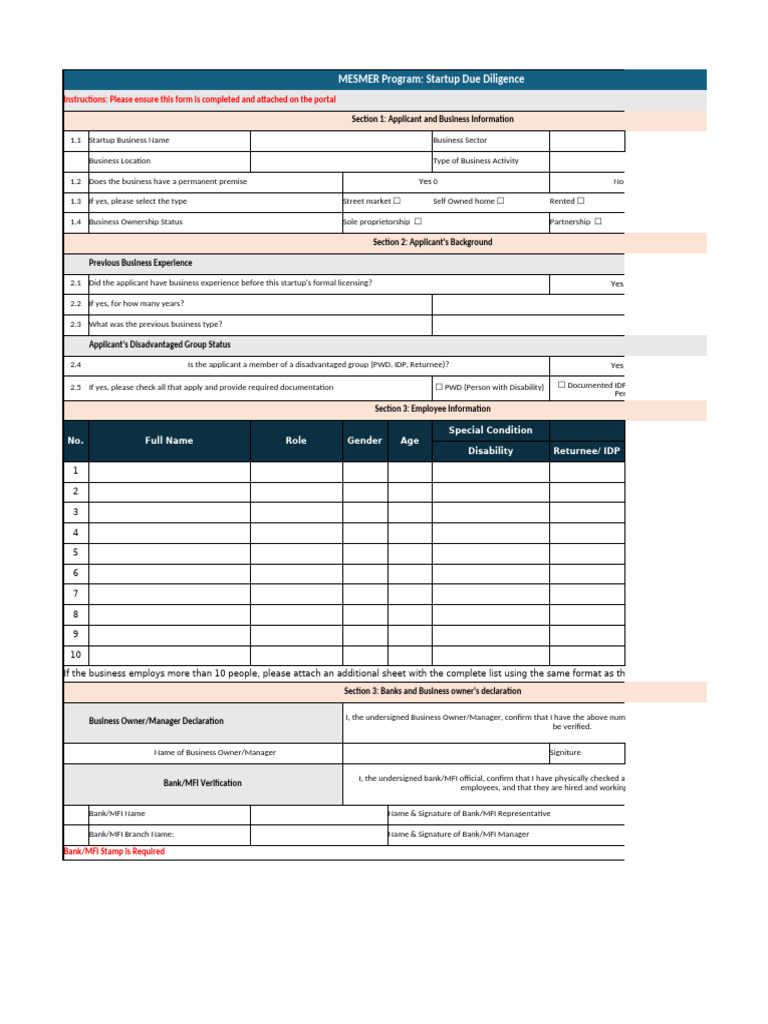 MESMER Startup Due Diligence Form | PDF | Business | Internally ...