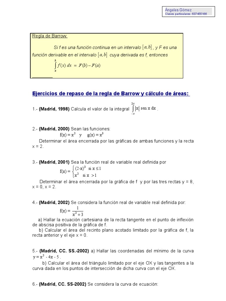 Ejercicios de La Regla de Barrow | PDF | Integral | Derivado
