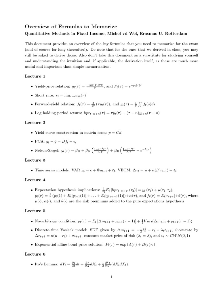 Key Formulas for Fixed Income Exam | PDF | Applied Mathematics