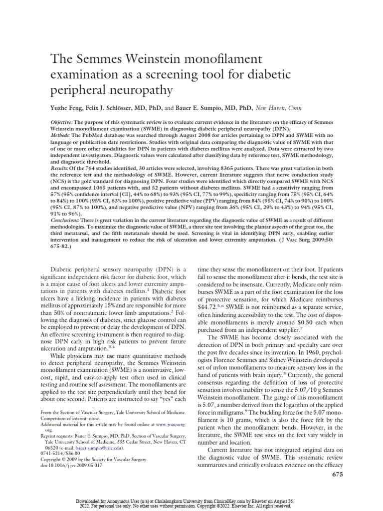 The Semmes Weinstein Monofilament Examination As A Screening Tool For ...