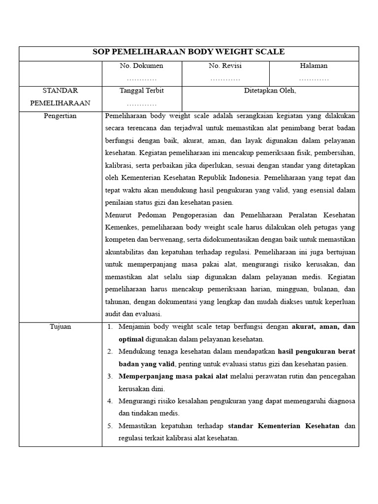 Sop Pemeliharaan Body Weight Scale | PDF