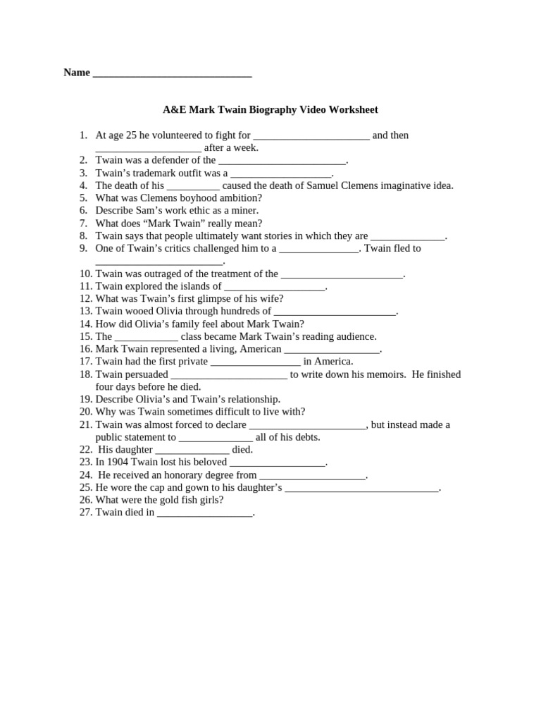 Mark Twain A&E Biography Video Worksheet | PDF