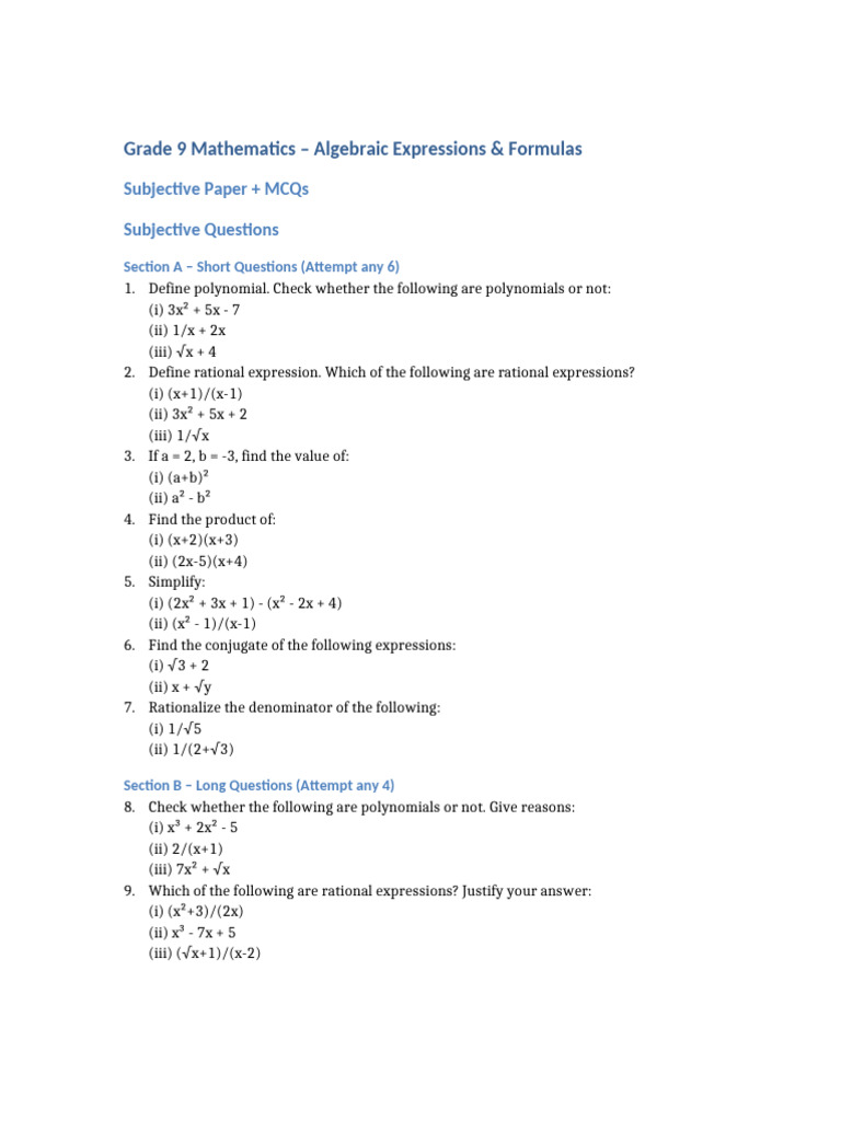 Algebraic Expressions Grade9 | PDF