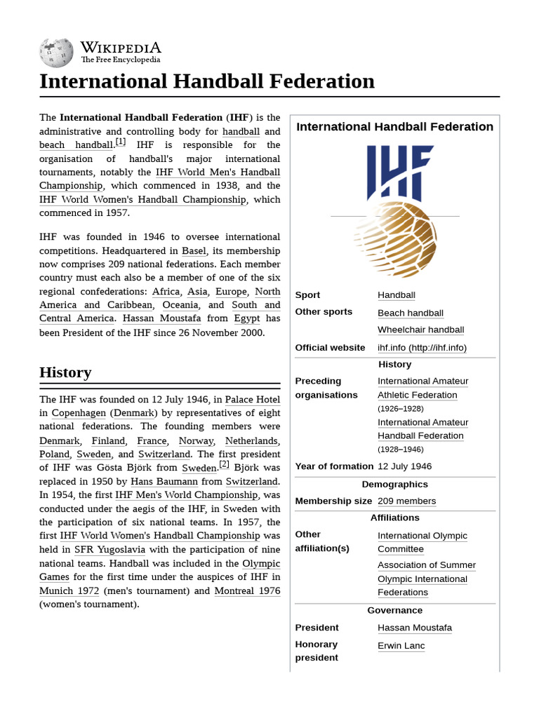 History of the International Handball Federation | PDF