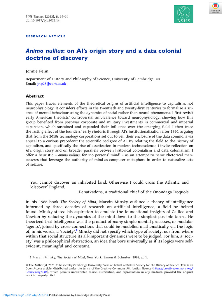 Animo Nullius On AIs Origin Story and A Data Colonial Doctrine of ...