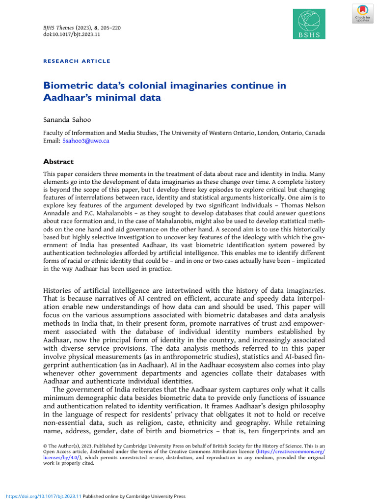 Biometric Datas Colonial Imaginaries Continue in Aadhaars Minimal Data ...
