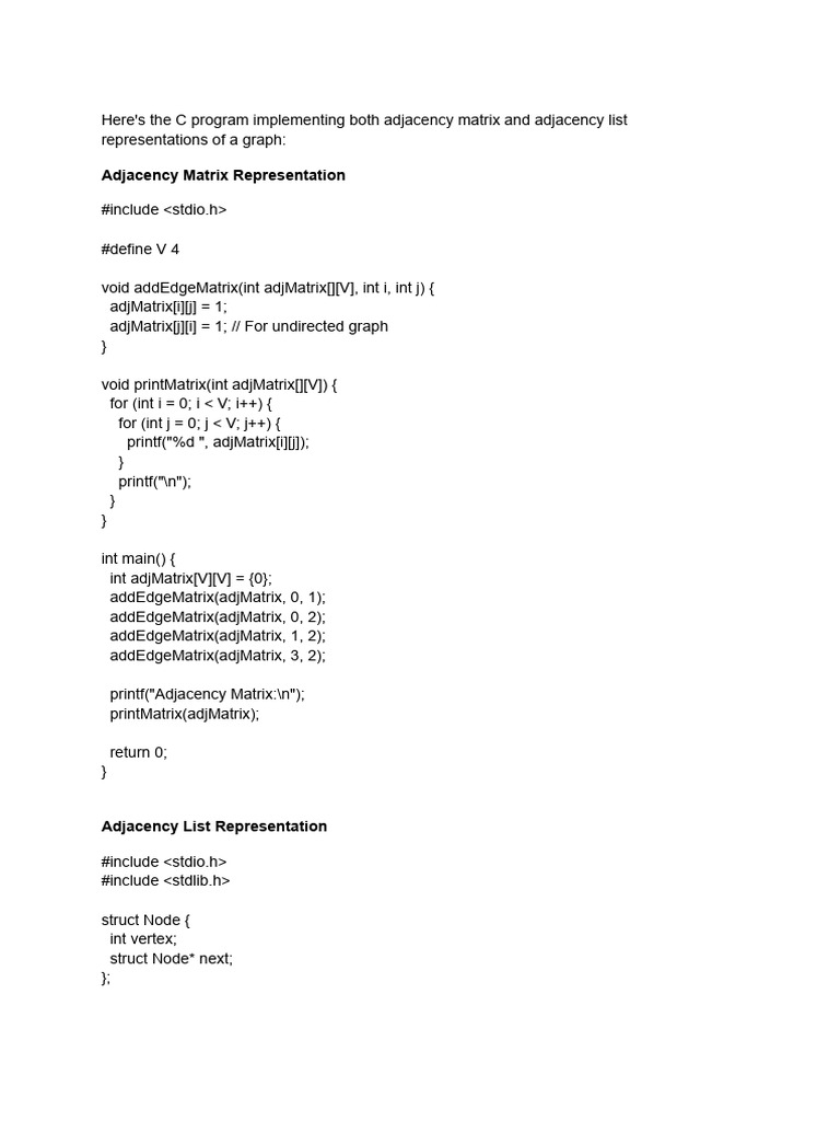 Write A Program To Implement Adjacency Matrix and Adjacency List Representation of Graph. in C ...