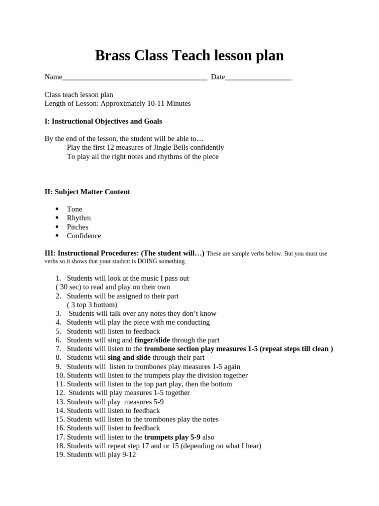 Class Teach Lesson Plan Brass | PDF | Trumpet | Trombone