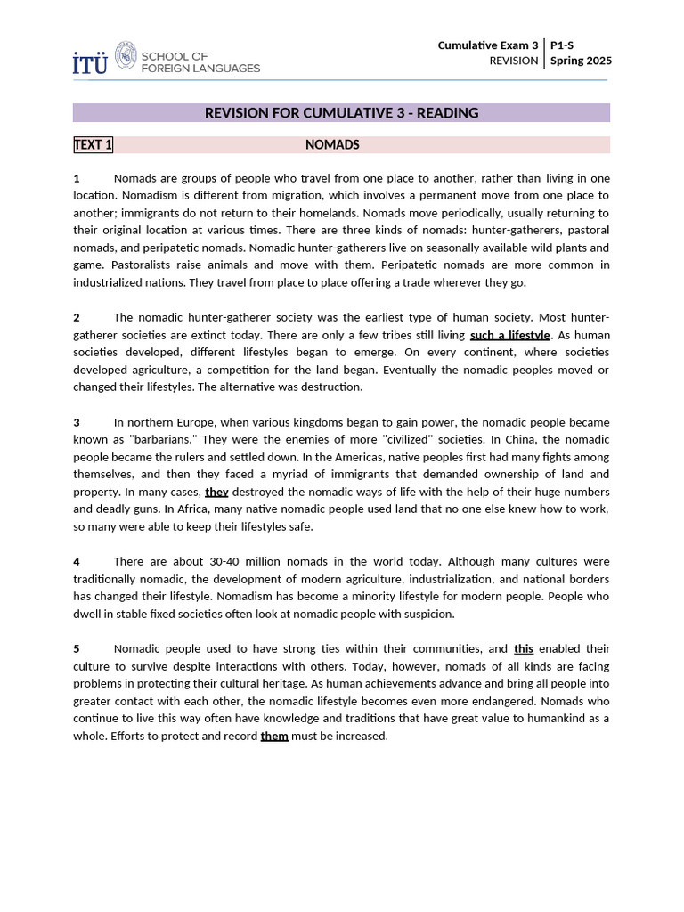P1-S Revision For Cumulative Exam 3 - Reading (Student's Copy) | PDF | Nomad | Photograph