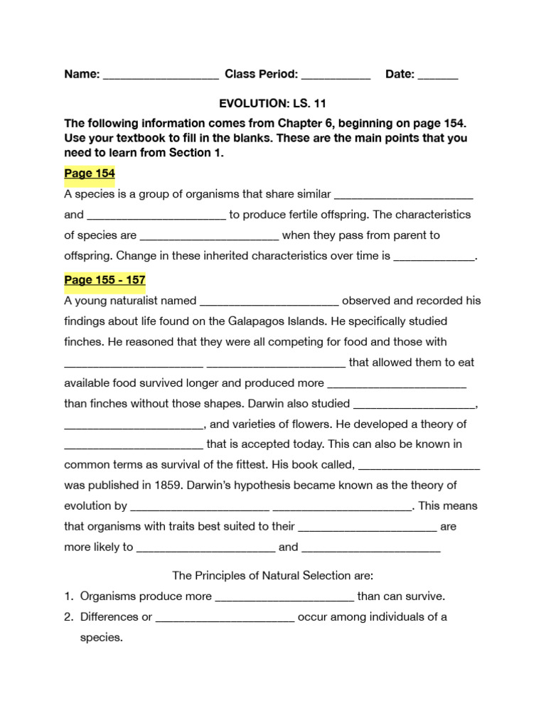 Evolution Ls. 11 Worksheet | PDF | Evolution | Natural Selection