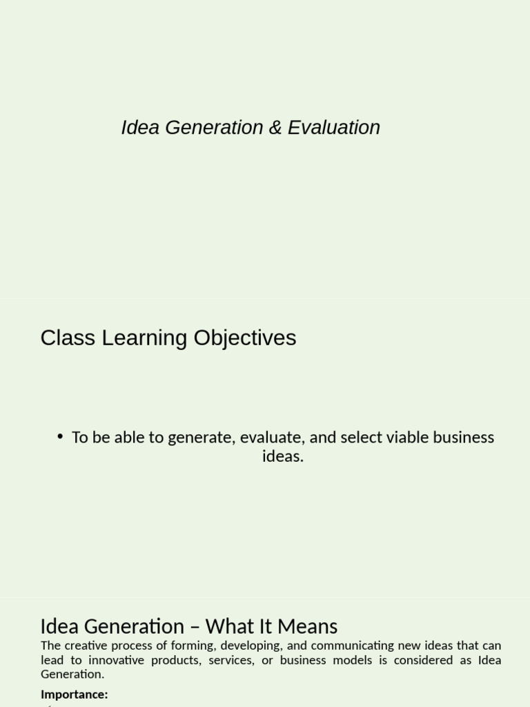 Business Idea Generation & Evaluation Guide | PDF | Entrepreneurship ...