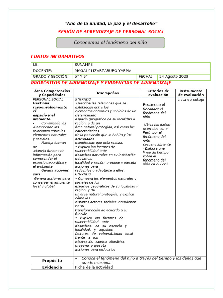 Sesion Pesonal Magaly Fenomeno Del Niño 5y6grado | PDF | Aprendizaje ...