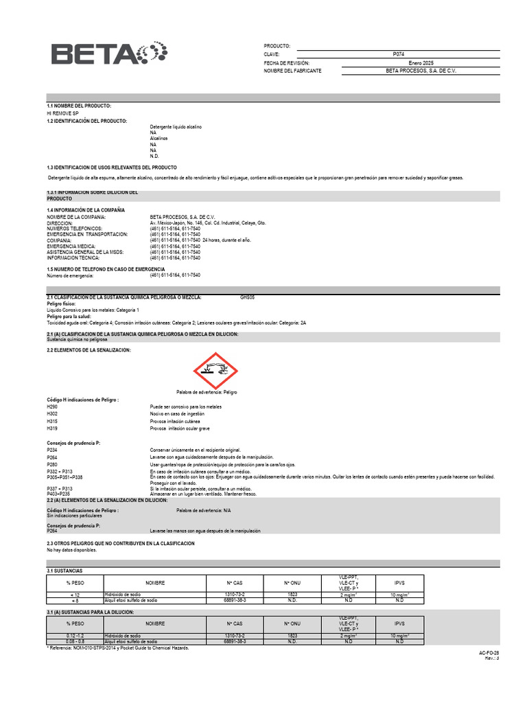 Hoja de Seguridad HI REMOVE SP | PDF | Detergente | Corrosión
