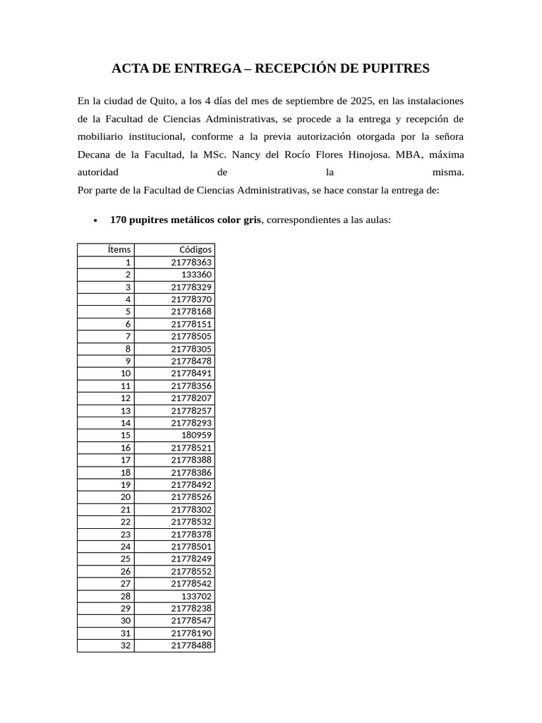 Acta de Entrega Pupitres | PDF