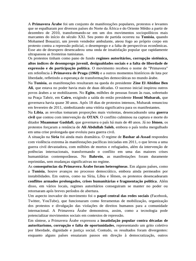 A Primavera Árabe Foi Um Conjunto de Manifestações Populares | PDF ...