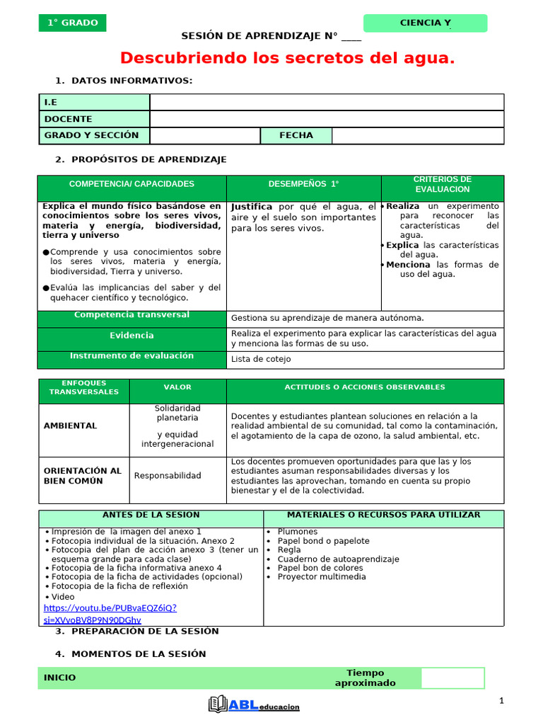 DIA 3 - 1° GRADO. SESION - C y T. Descubriendo Los Secretos Del Agua ...