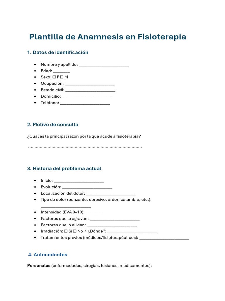 Plantilla de Anamnesis en Fisioterapia | PDF | Medicina | Enfermedades ...