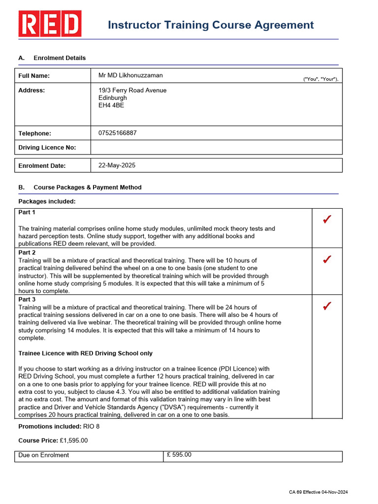 Your RED Instructor Training Course Agreement | PDF