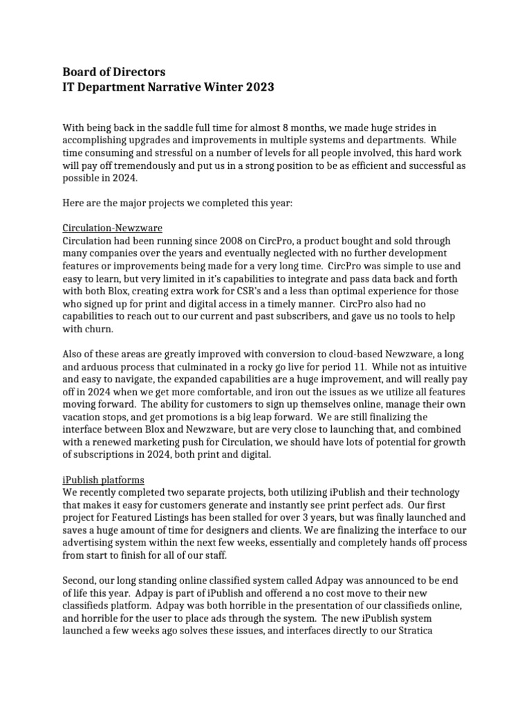 IT Department Winter 2023 Narrative | PDF | Information Technology ...