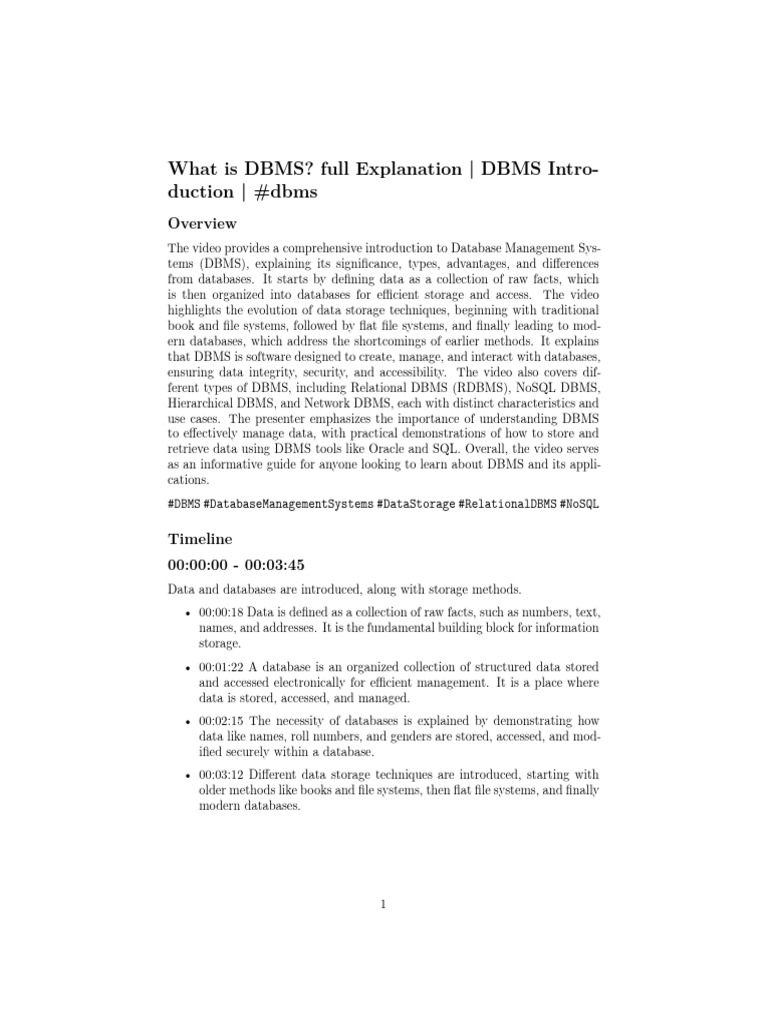 What Is DBMS - Full Explanation - DBMS Introduction - Dbms - Summary | PDF | Databases ...