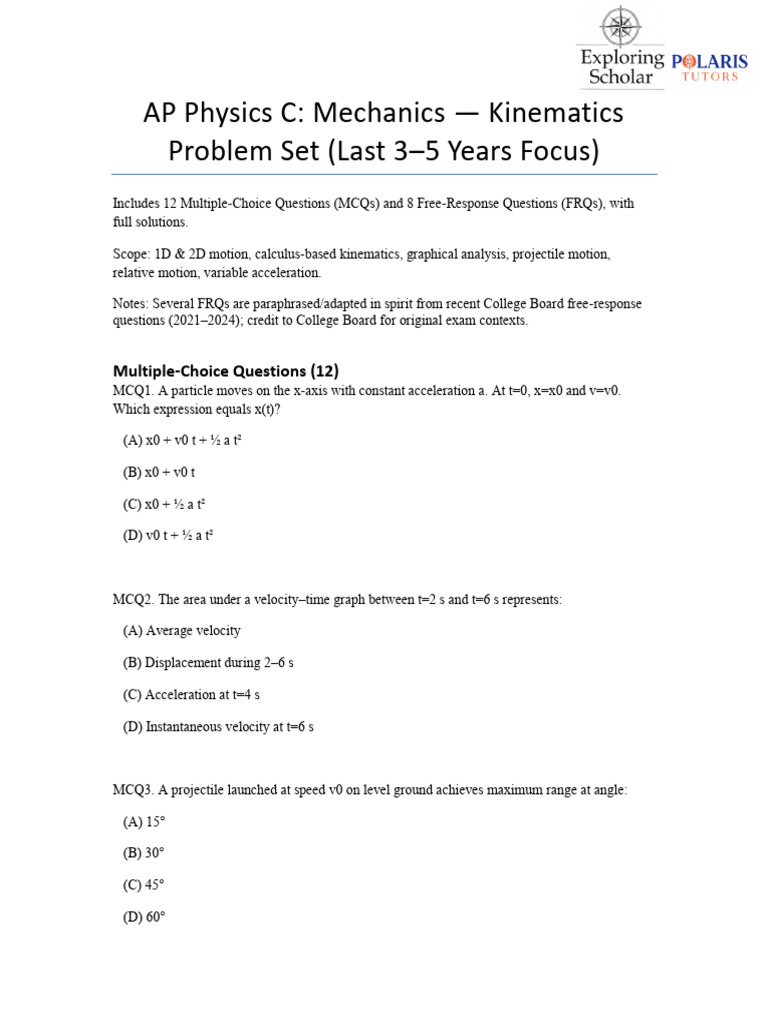 AP Physics C Kinematics Set Problems Only | PDF | Acceleration | Velocity