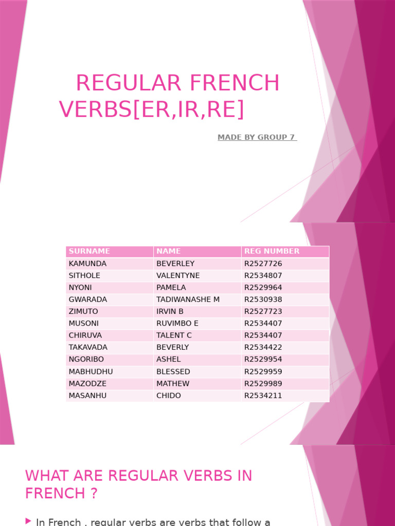 Regular French Verbs (Er, Ir, Re) Presentation Group 7 | PDF ...