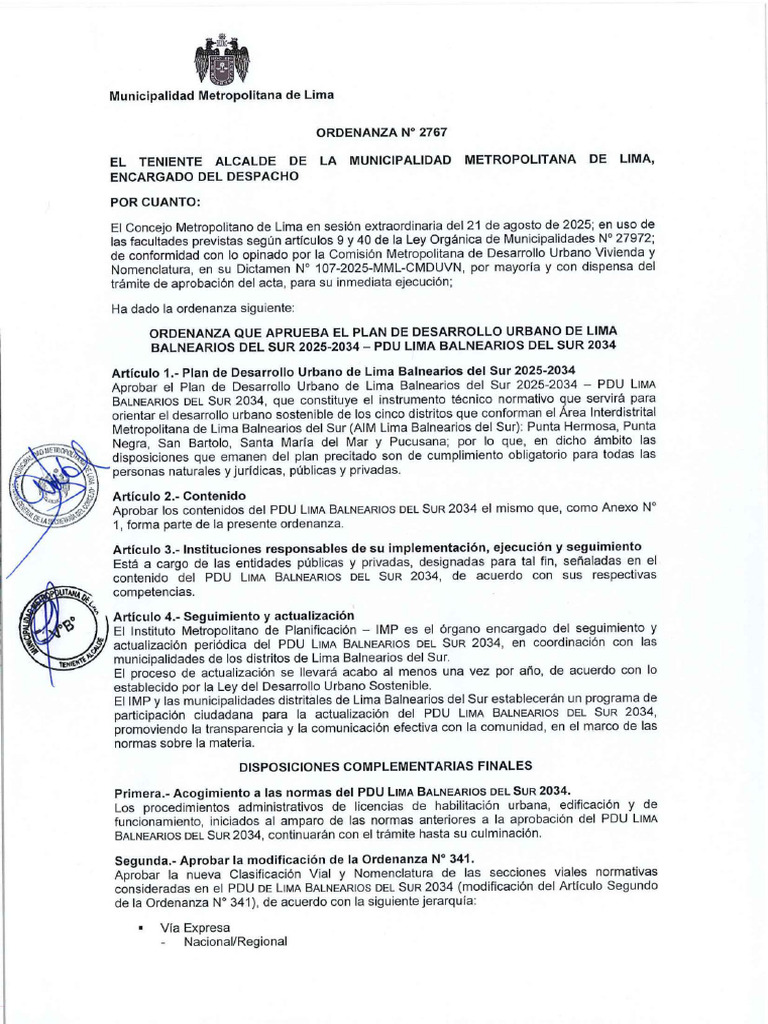 Ordenanza 2767: PDU Lima Balnearios 2034 | PDF | Lima | Gobierno local