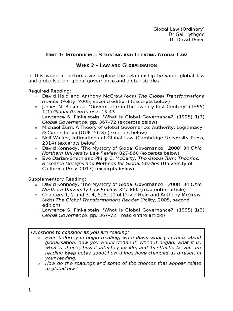Week 2 - Law and Globalisation | PDF | Globalization | Governance