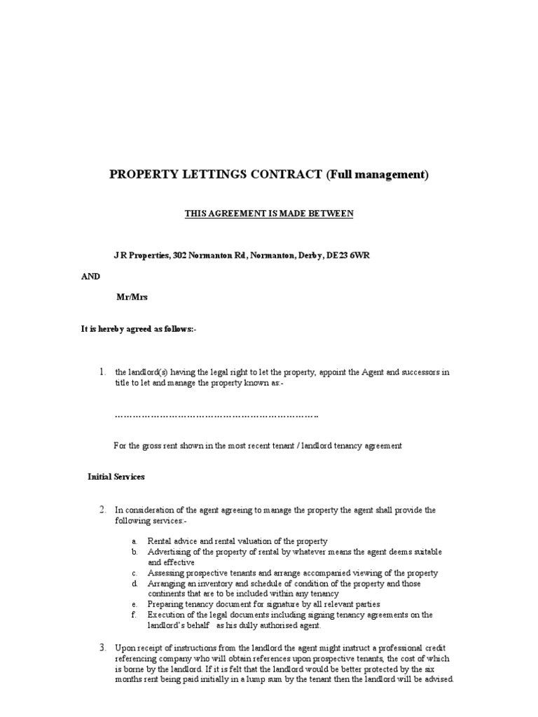 PROPERTY LETTINGS CONTRACT (Full Management) : This Agreement Is Made ...