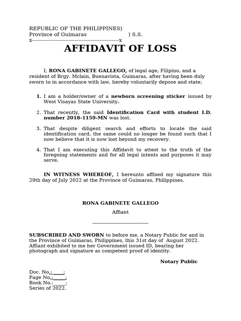 Affidavit of Loss (ID) - Gabinete | PDF