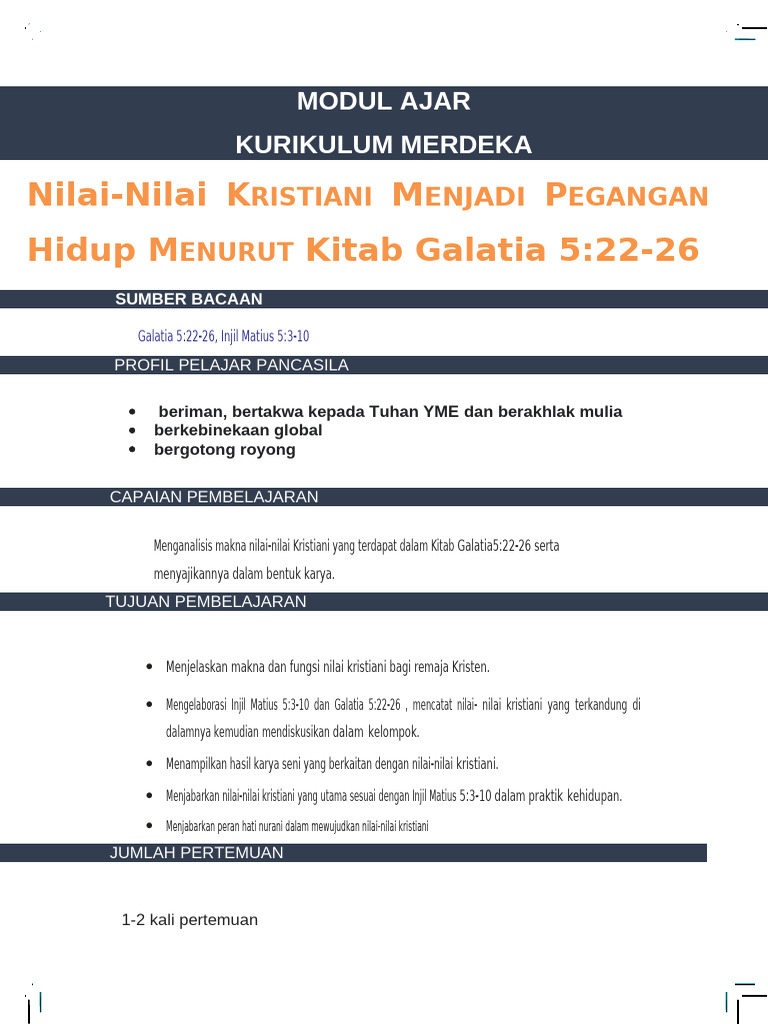 MODUL AJAR 7 Nilai-Nilai KRISTIANI MENJADI PEGANGAN Hidup MENURUT Kitab Galatia 5 22-26 | PDF