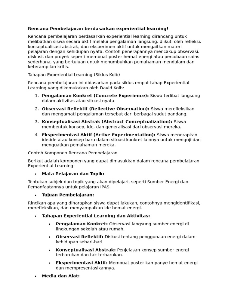 Rencana Pembelajaran Berdasarkan Experiential Learning | PDF