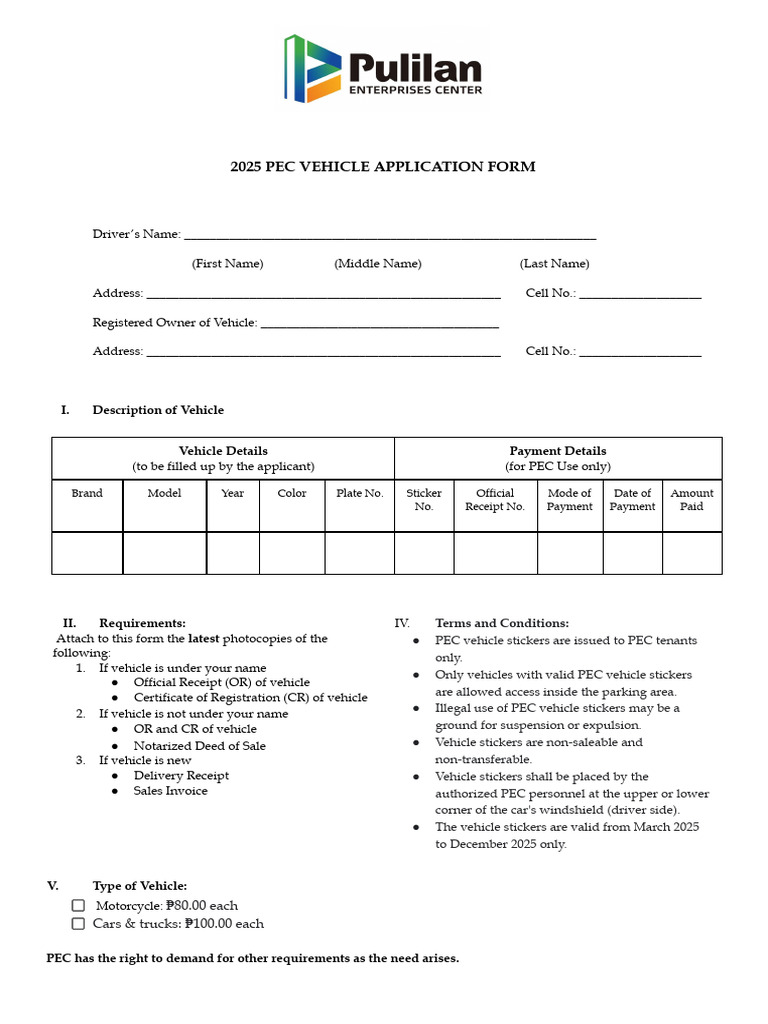 Form 2025 Pec Reg From - 1 | PDF | Vehicles | Land Vehicles