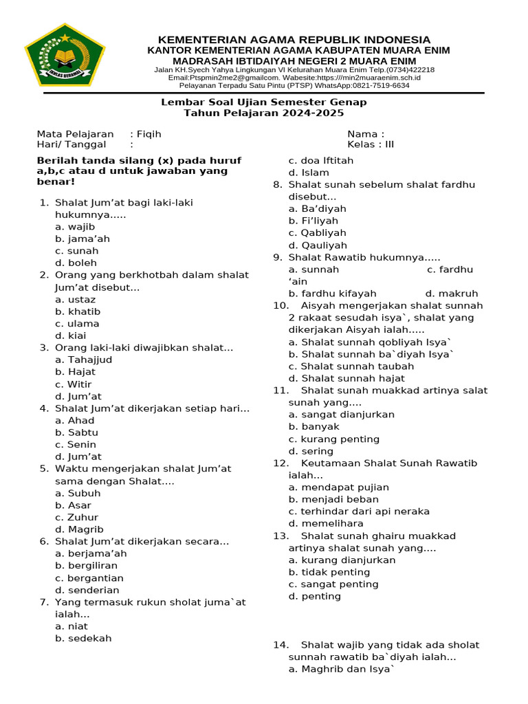 Soal Fiqih Kelas 3 Genap 2025 | PDF