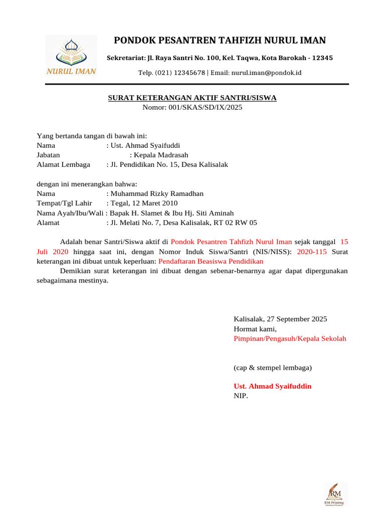 Surat Keterangan Aktif Santri | PDF