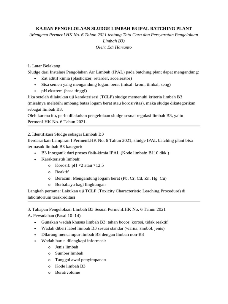 Pengelolaan Sludge Limbah B3 IPAL Batching | PDF