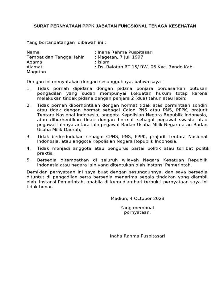 Surat Pernyataan 5 Poin Inaha Rahma | PDF