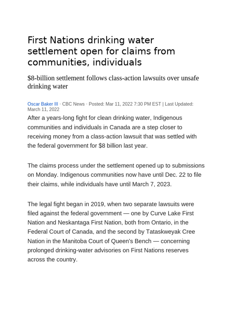 $8B First Nations Drinking Water Settlement | PDF | Class Action