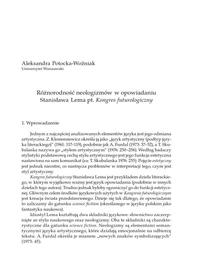 A Potocka-Wozniak Roznorodnosc Neologizmow W Opowiadaniu Stanislawa ...