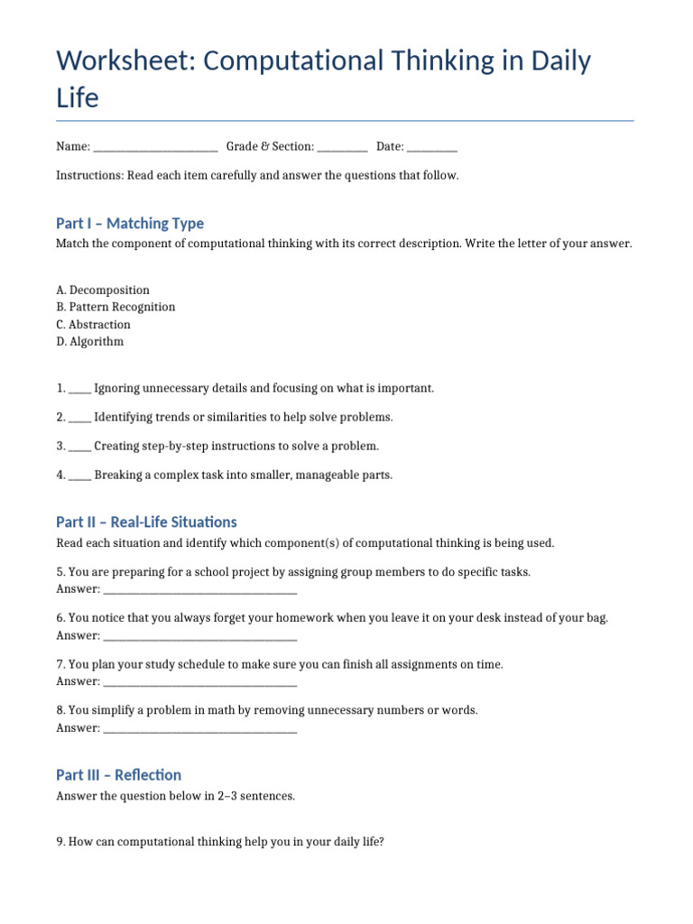 Computational Thinking Worksheet | PDF