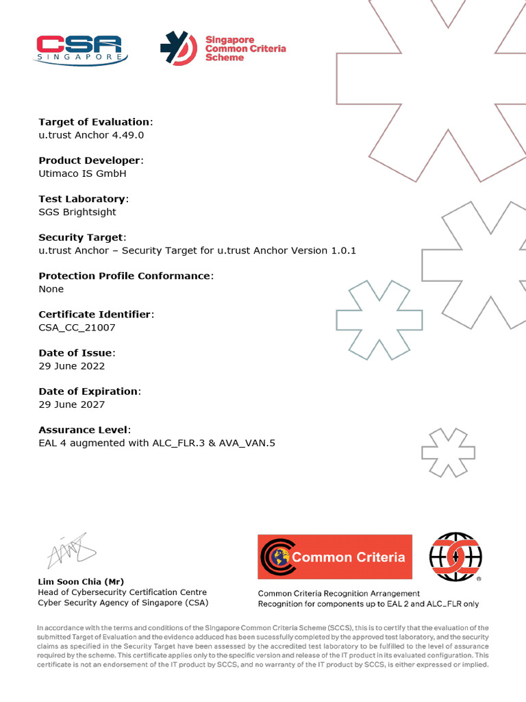 (CER) Utimaco U.trust Anchor SCCS Certificate (Signed) | PDF